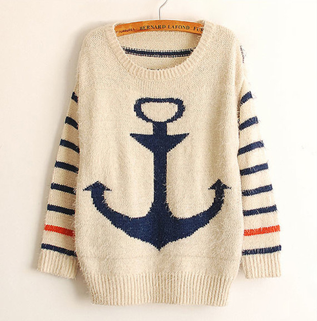 Handmade Big Naval Anchor Color Block Stripe Loose Long Sleeve O-neck ...