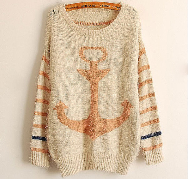Handmade Big Naval Anchor Color Block Stripe Loose Long Sleeve O-neck ...