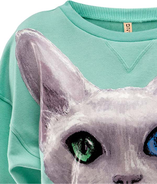 Brilliant Blue-eyed Cat Pattern Printing Mint Green Cotton Sweater on ...