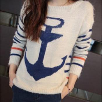 Handmade Big Naval Anchor Color Block Stripe Loose Long Sleeve O-neck ...